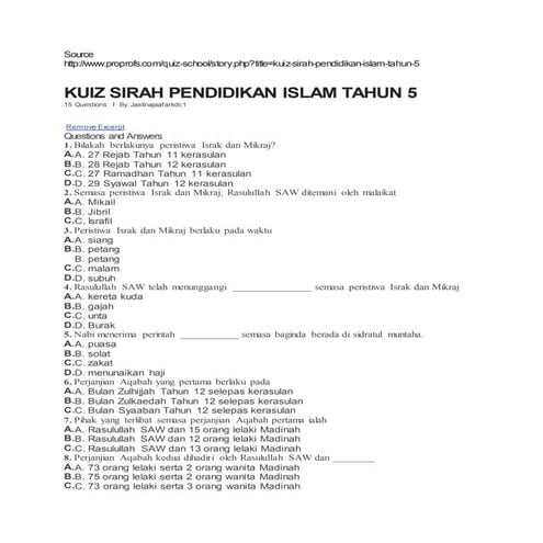 Kuiz sirah pendidikan islam tahun 5 | DOCX