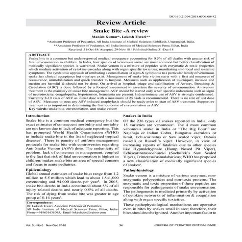 Kumar m, tiwari l. snake bite a review jpcc 2018 | PDF
