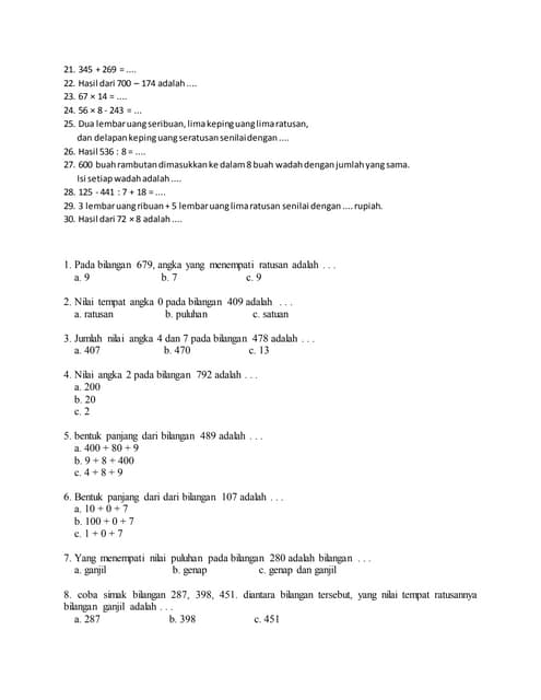 Soal Matematika kelas 3 sd semester 1 | PDF