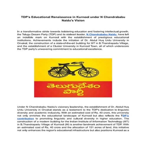 TDP's Educational Renaissance in Kurnool under N Chandrababu Naidu's Vision | PDF | Education