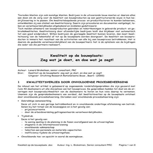 Kwaliteit Op De Bouwplaats | PDF