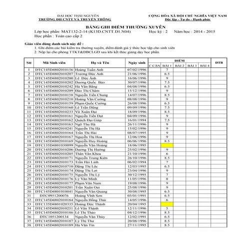 Ky2 toan2 k13_2lop_ky2_bang_ghidiemthuongxuyencnttk13d | PDF