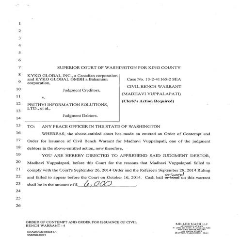 Bench Warrant Issued by Chief Civil Judge of King County, Washington ...