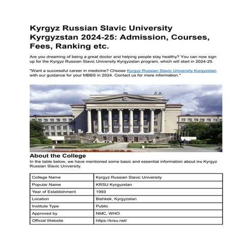 Kyrgyz Russian Slavic University Kyrgyzstan 2024-25: Admission, Courses ...