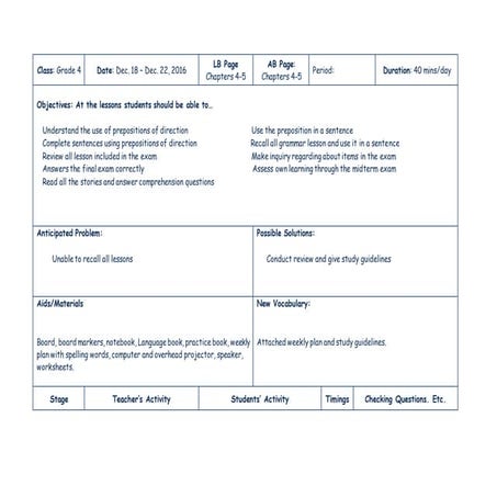 Learning Plan: Grammar: Prepositions, Listening, Reading and Writing ...