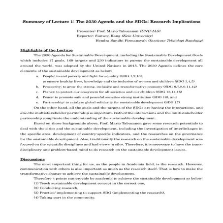 Summary - Lecture 1: 2030 Agenda and the SDGs – Research Implications | PDF