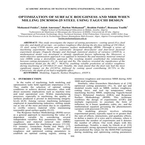 OPTIMIZATION OF SURFACE ROUGHNESS AND MRR WHEN MILLING 25CRMO4-25 STEEL USING TAGUCHI DESIGN | PDF