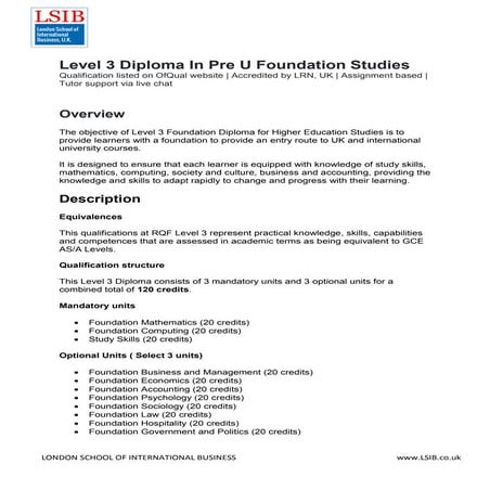 Level 3 Diploma In Pre U Foundation Studies | PDF
