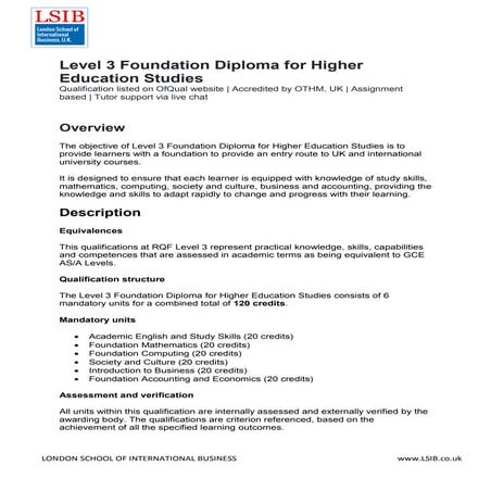 Level 3 Foundation Diploma for Higher Education Studies | PDF