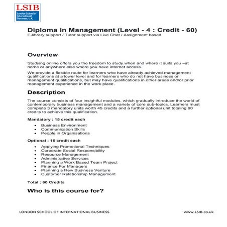 Diploma in Management (Level - 4 : Credit - 60) | PDF