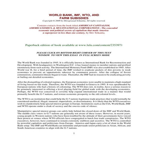 WORLD BANK, IMF, WTO AND FARM SUBSIDIES | PDF