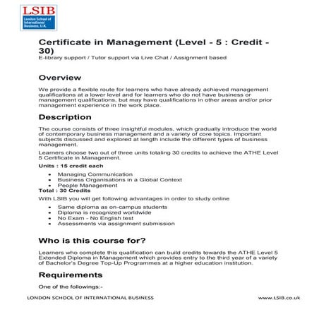 Certificate in Management (Level - 5 : Credit -30) | PDF