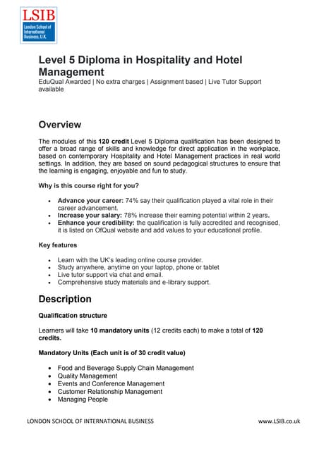 Level 4 Diploma in Hospitality and Hotel Management | PDF | Hospitality Industry | Industries