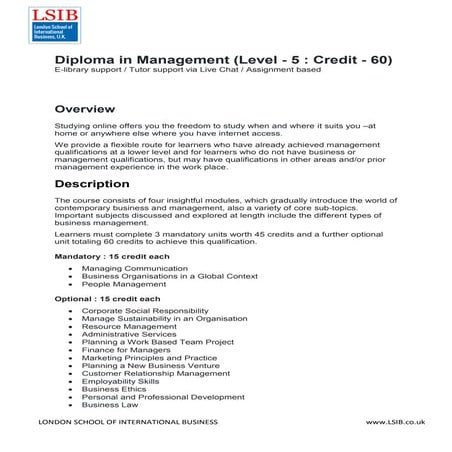Diploma in Management (Level - 5 : Credit - 60) | PDF | Postgraduate ...