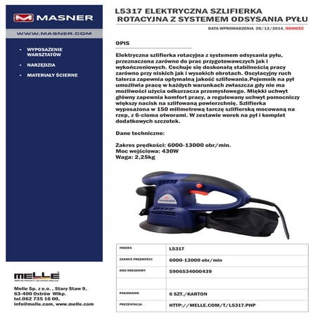 L5317 Elektryczna szlifierka rotacyjna z odysaniem pylu MASNER | PPTX