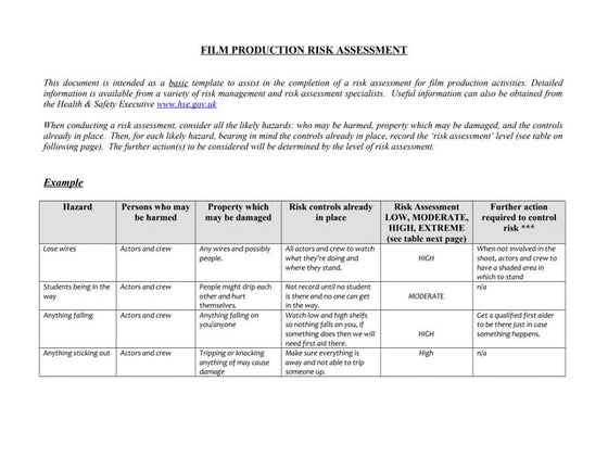 L6g film production risk assessment form (example and template) | DOC ...