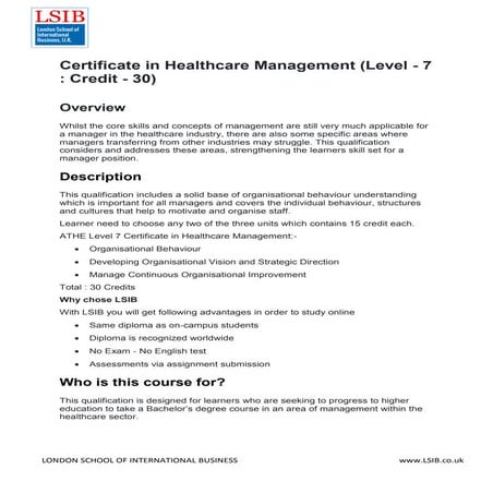 Certificate in Healthcare Management (Level - 7 : Credit - 30) | PDF