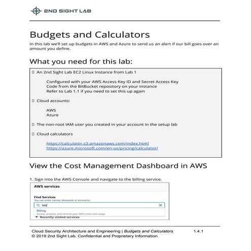 Lab 1.4 - Budgets and Calculators - 2nd Sight Lab Cloud Security Class ...