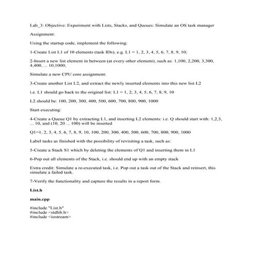 Lab 3 Objective Experiment With Lists Stacks And Queues Simulate Docx