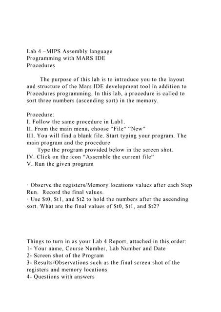 Lab 4 Mips Assembly Languageprogramming With Mars Ideproced Docx