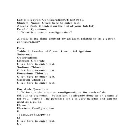 Lab 5 electron configuration chem101l student name click here to | DOCX | Chemistry | Science