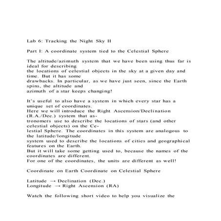 Lab 6 tracking the night sky ii part i a coordinate syste | PDF