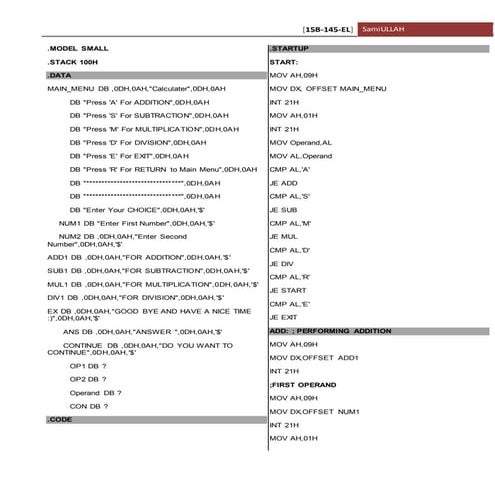 Calculator 8086 Assembly Language Programming Pdf