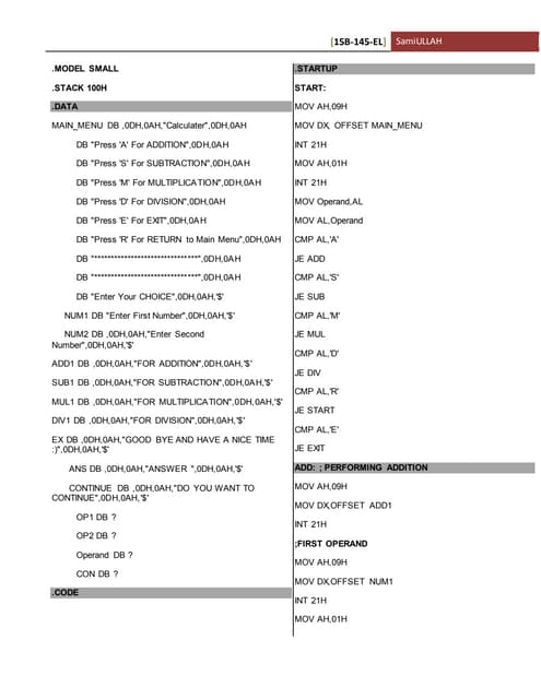 Calculator 8086 Assembly Language Programming Pdf