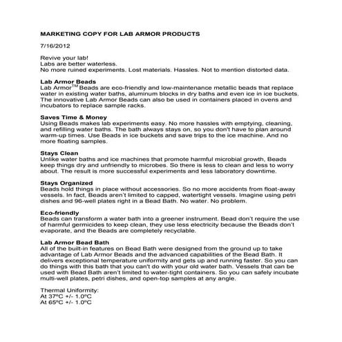 2012 Lab Armor Marketing Text Copy for Products | PDF