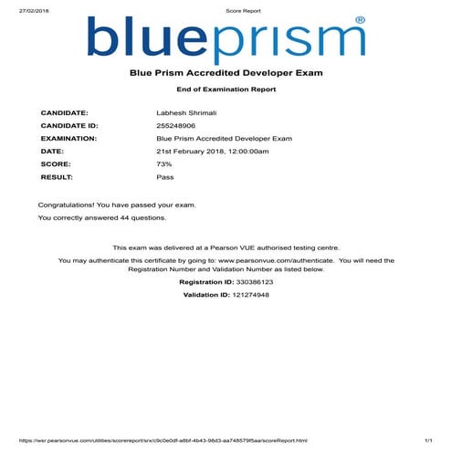 Labhesh ad01 score report Blue Prism | PDF