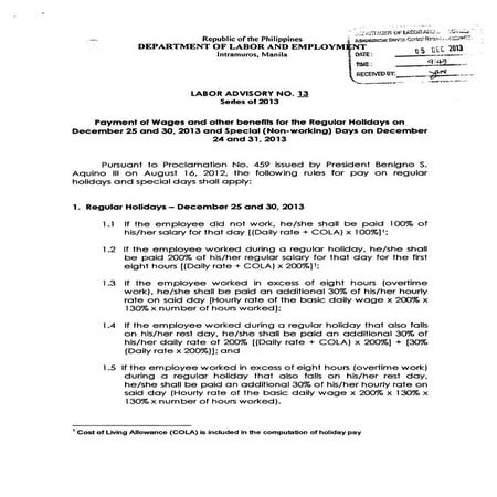 Labor Advisory for the 2013 Holiday Season | PDF