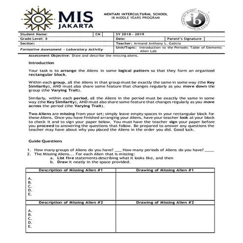 Laboratory activity alien lab - periodic table of elements | DOCX