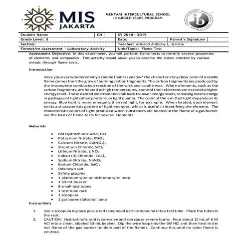 Laboratory activity flame test | DOCX