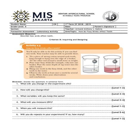 Laboratory activity how do fi zzy drinks aff ect teeth | DOCX