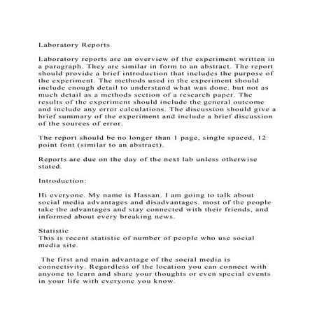 Laboratory ReportsLaboratory reports are an overview of the ex.docx