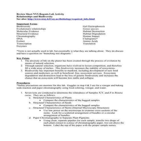 Biology - Part D Regents Review - Relationships and Biodiversity | DOC ...