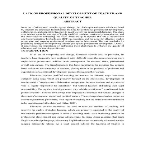 LACK OF PROFESSIONAL DEVELOPMENT AND QUALITY OF TEACHER | PDF