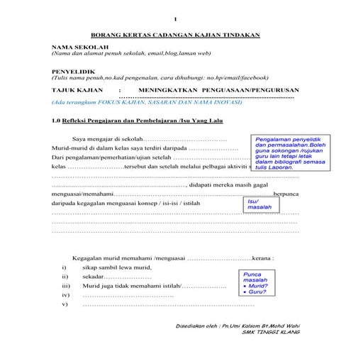 BORANG KAJIAN TINDAKAN BESERTA CONTOH | PDF