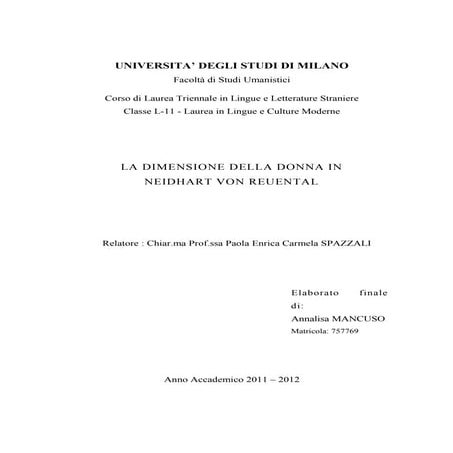 La dimensione della donna in Neidhart von Reuental. | PDF