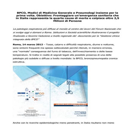 BPCO Forum Nazionale: “Gestione clinica integrata della BPCO” | PDF