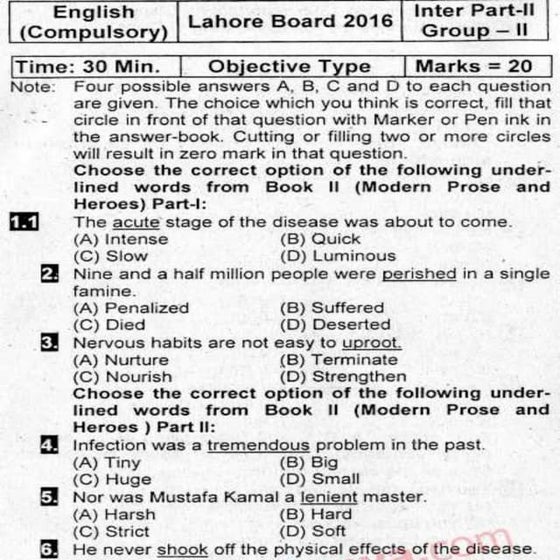 Past papers lahore board 2016 inter part 1 english group 2 | PDF
