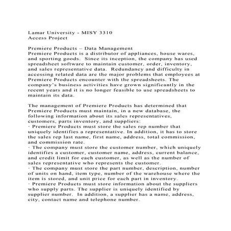 Lamar University - MISY 3310 Access ProjectPremiere Products.docx