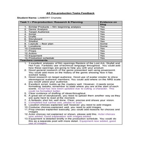 Pre production tasks feedback sheet | PDF