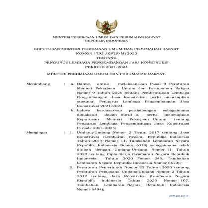 Lampiran 04 sk menteri pupr 1792-2020 - pengurus lpjk pupr periode 2021-2024 | PDF