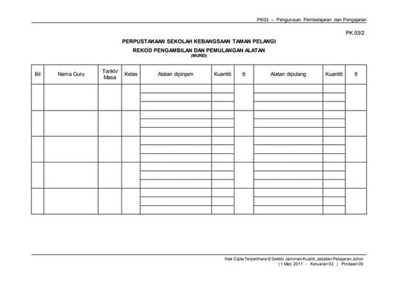 Pk03 3 rekod penggunaan bilik khas | DOC