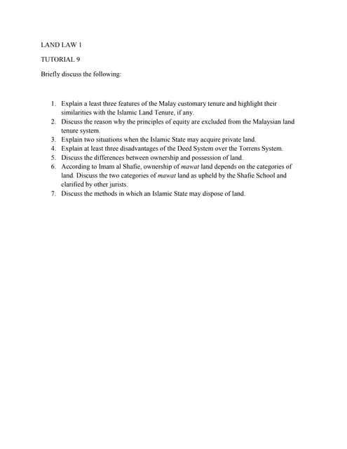 LAND LAW 1 -- TUTORIAL QUESTIONS 1 | DOCX | Islam | Religion & Spirituality