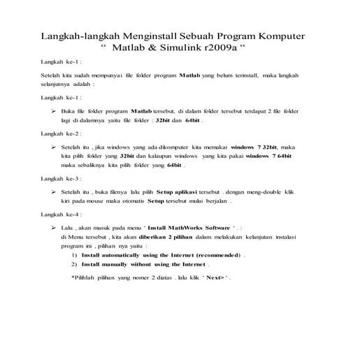 Langkah langkah menginstall matlab&simulink r2009a | DOCX