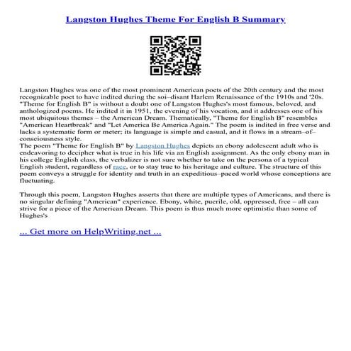 Langston Hughes Theme For English B Summary | PDF