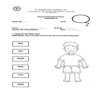 Kinder 1 Language 1st Grading Periodical Exam SY:2017-2018 | DOCX