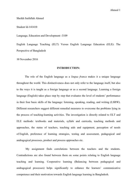 INTRODUCTION TO ELT topic in English language teaching | PPT